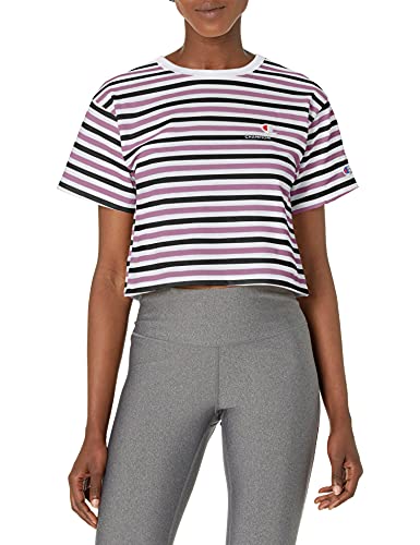 Champion Women's Heritage Cropped Tee-AOP, TEXT STRIPE WHITE TINTED LAV, X SMALL