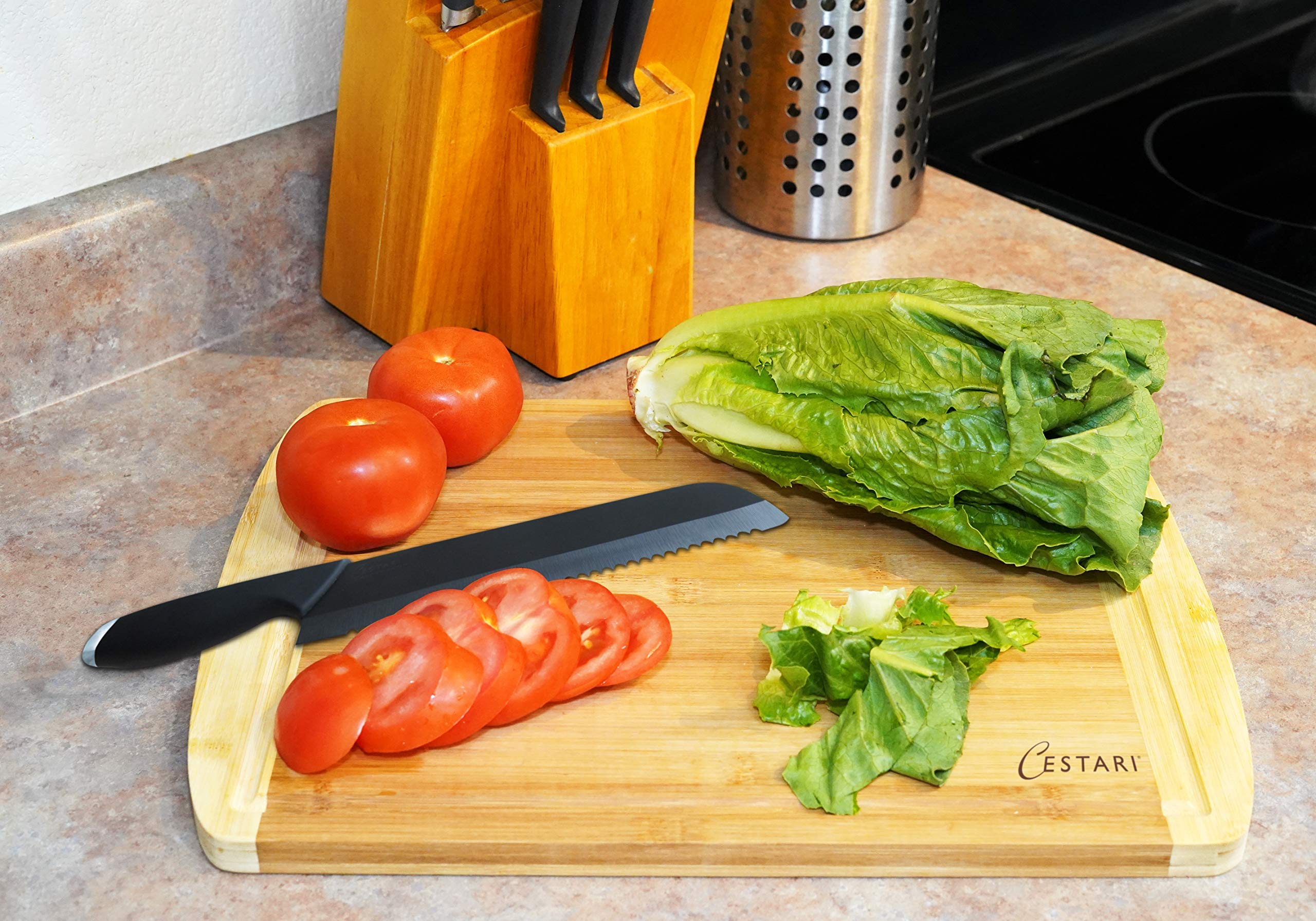 Cutting Board Set: Advanced Ceramic Serrated Bread Knife and Natural Bamboo Cutting Board - the Perfect Combination