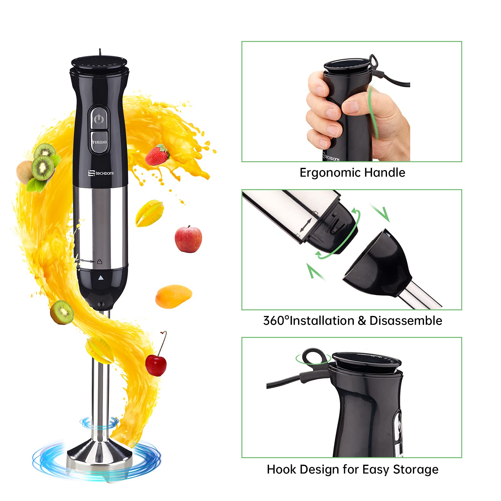 Immersion Hand Blender, 5 in 1 Multi-Purpose Hand Blender, 12 Speed+Turbo Stick Blender with 500ml Chopper, 700ml Beaker, Egg Whisk, Milk Frother, Black