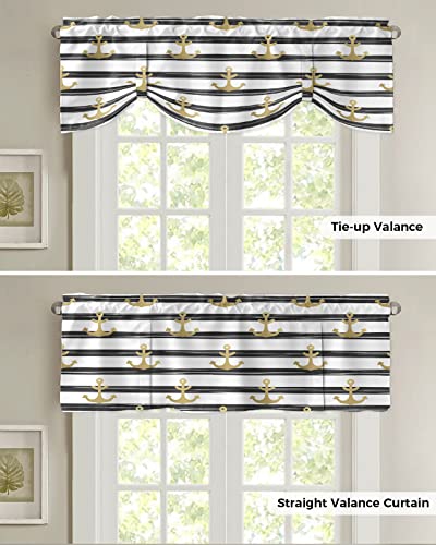 OneHoney Tie Up Curtain Valances Window Topper,Shade Valance for Kitchen Windows Nautical Theme Gold Anchor Rod Pocket Tie-up Curtains Window Treatment Drapes Black White Stripes 1 Panel-42 x18