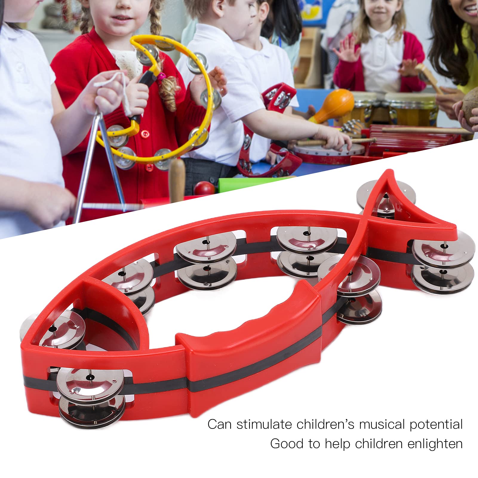 Tambourines Double Row Tambourines Fish Shaped Tambourine Hand Bell Handbell Handheld Percussion Rhythm Instrument for Party Children Adults(Red)