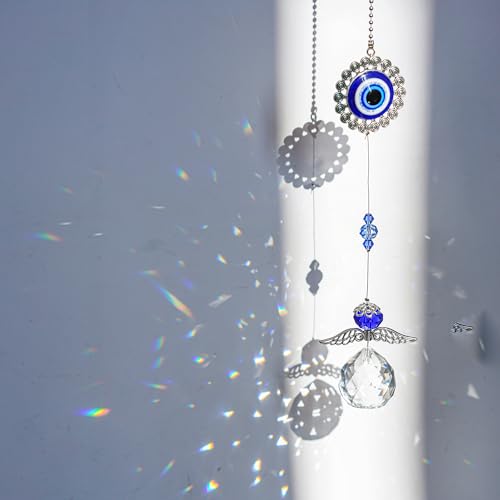 Crystal Angel Suncatcher with Feng Shui Turkish Blue Evil Eye Protection and Good Luck Charm Gift