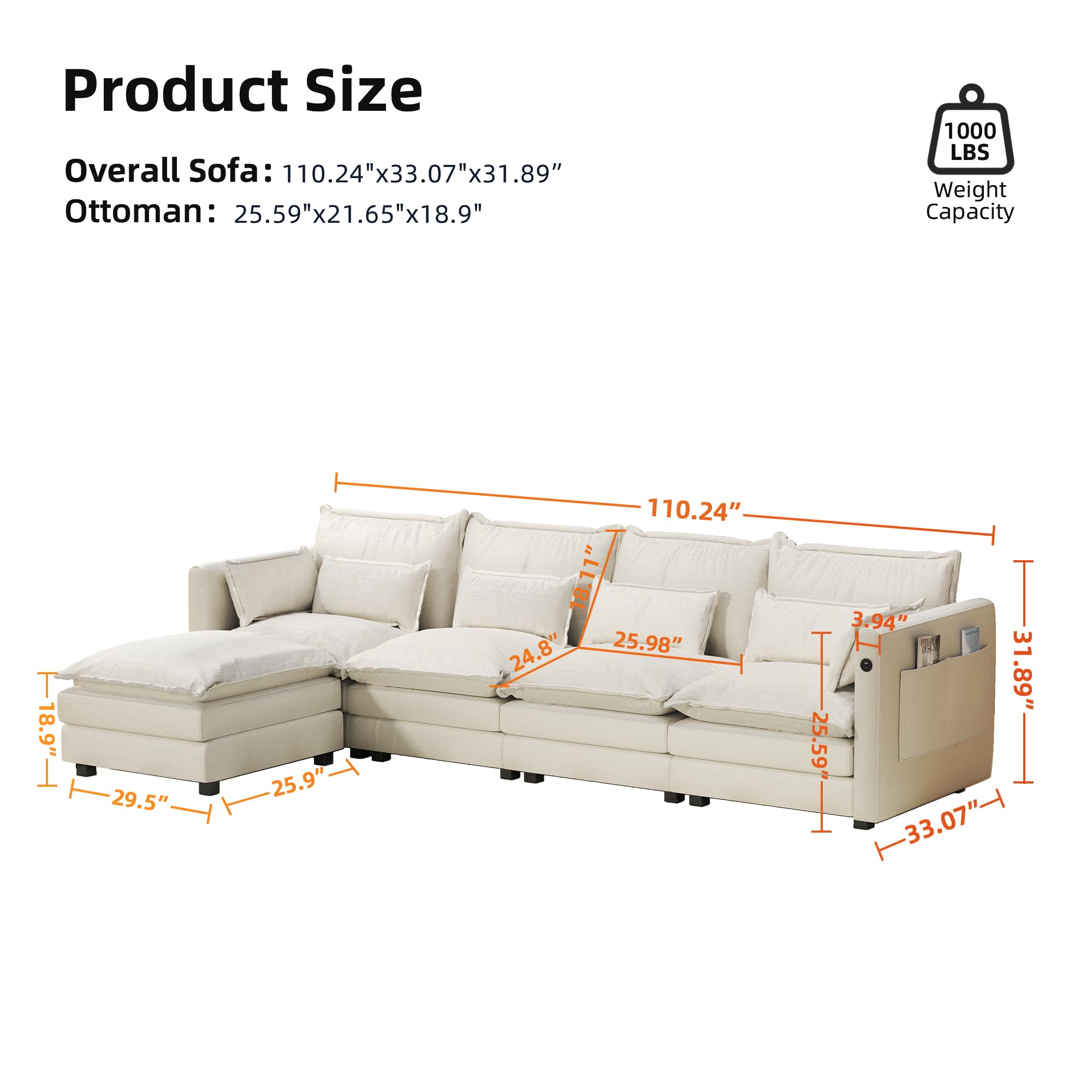 EDWELL Modular Sectional Sofa, Convertible 110" L Shaped Couches with USB & Type-C Ports, Comfy 4-Seater Sectional Couches for Living Room, Modern Cloud Couch Sectional with Moveable Ottoman, Beige