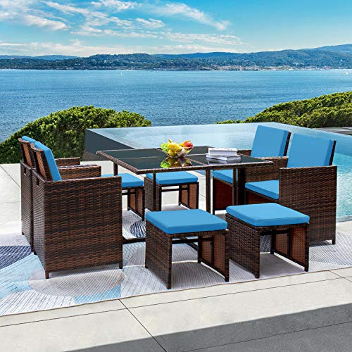GUNJI 9 Pieces Patio Dining Outdoor Table and Chairs Table Set with Space Saving Rattan Chairs Patio Furniture Sets Cushioned Seating and Back (Blue)