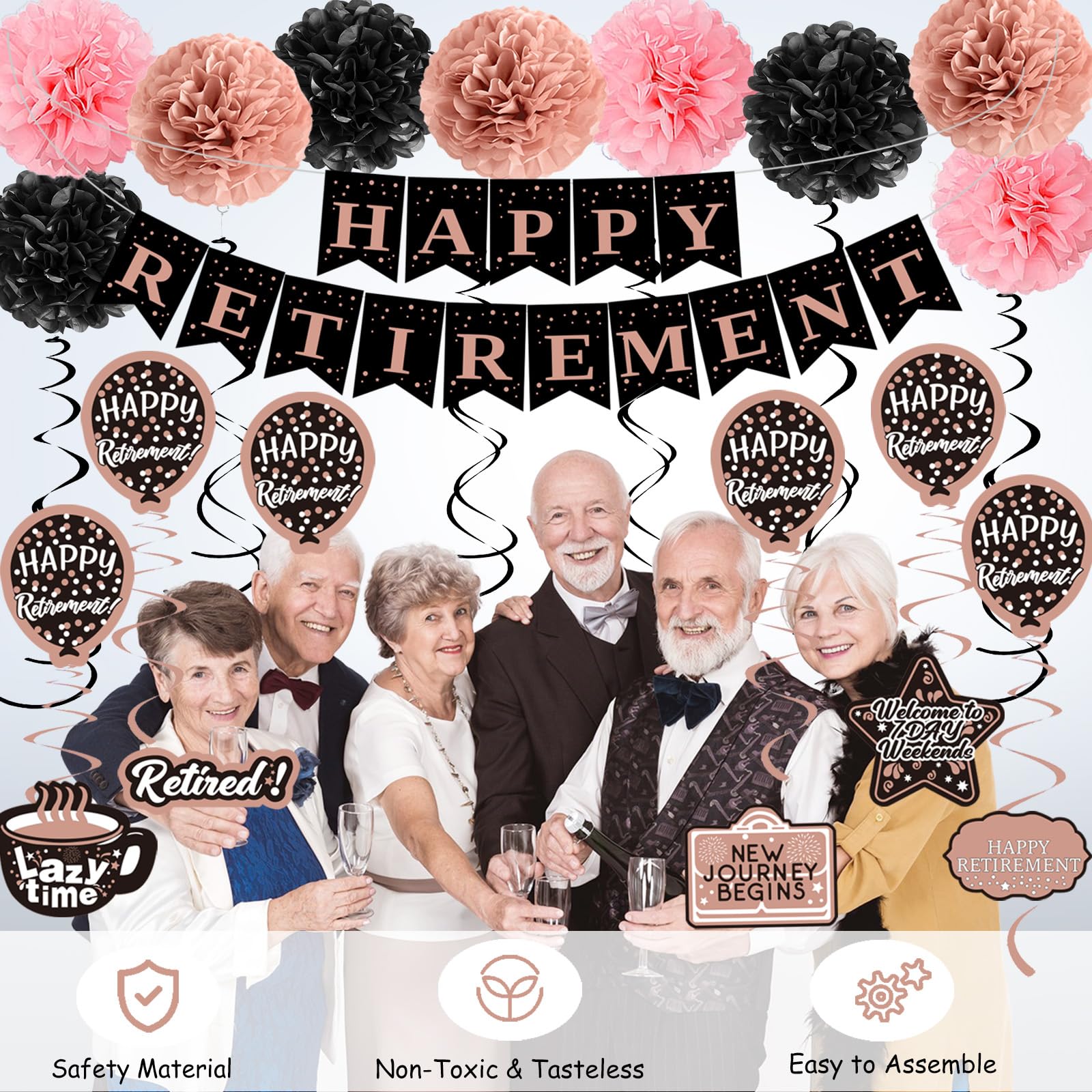 Retirement Decorations Women Rose Gold Happy Retirement Party Decorations Female (52pack) Happy Retirement Banner Gifts, Retirement Decor Double-Sided Pattern Card, Pompoms, Hanging Swirl Retired Sash