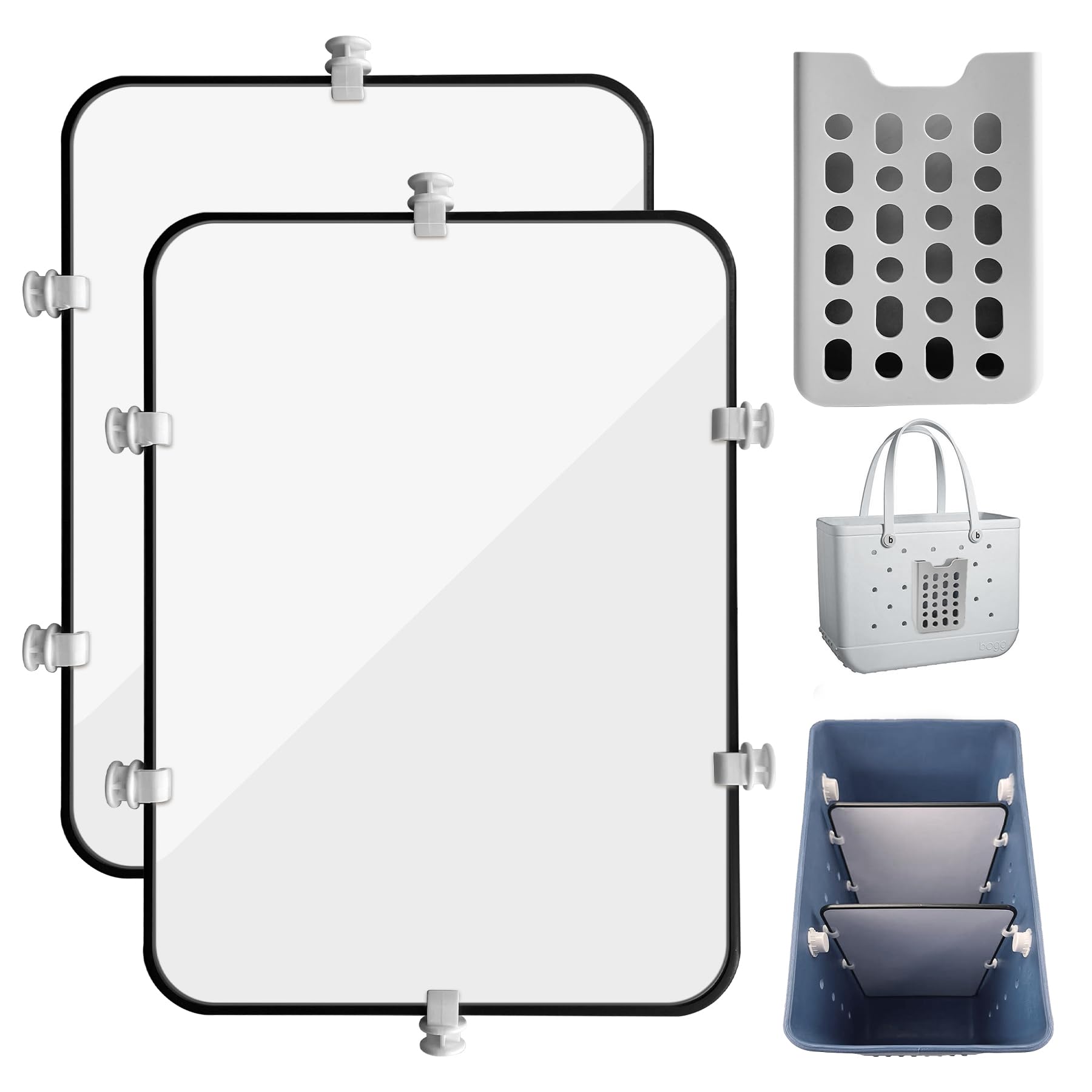 Exnemav 2× Divider Tray & 1× Phone Holder for Bogg Bag Accessories - XL Bogg Bag Insert Divider, Organizing Bogg Bags and Divide Space, Phone Organizer & Tray Insert for Beach Bag (Black&White)