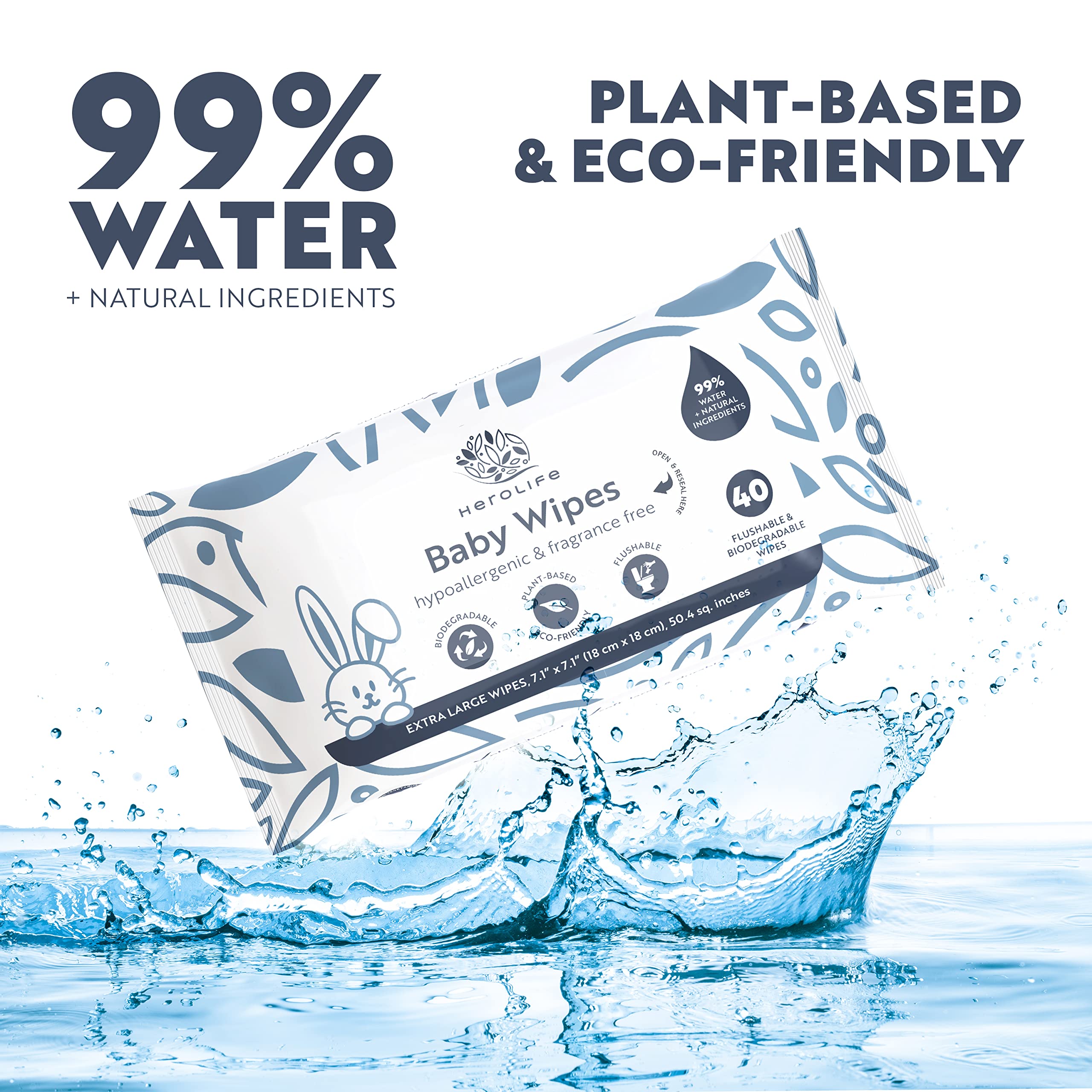 HEROLIFE Flushable & Biodegradable Baby Wipes, PlantBased, Hypoallergenic & FragranceFree, formulated with 99% water and plantderived ingredients ExtraLarge size 7.1β x 7.1β 3 packs of 40 wipes