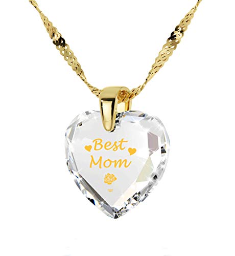 Best Mom Heart Necklace for Mother's Inscribed in 24k Gold with Rose Flower on Crystal Cubic Zirconia Heart-Shaped Romantic Pendant for Her, 18" Chain