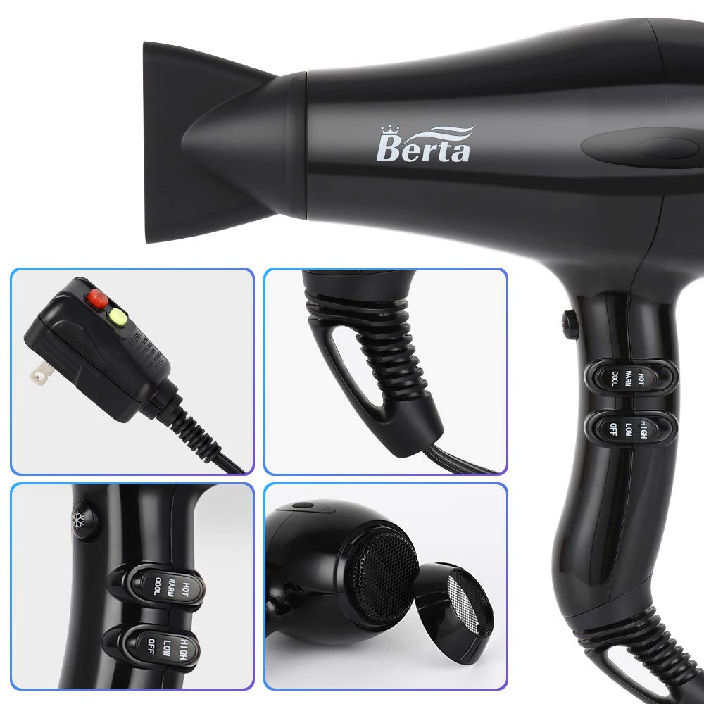 Blow Dryer with Comb,1875W Negative Ionic Hair Dryer with Diffuser for Curly Hair,AC Motor Low Noise Quiet Quick Blow Dryer with Concentrator-Black