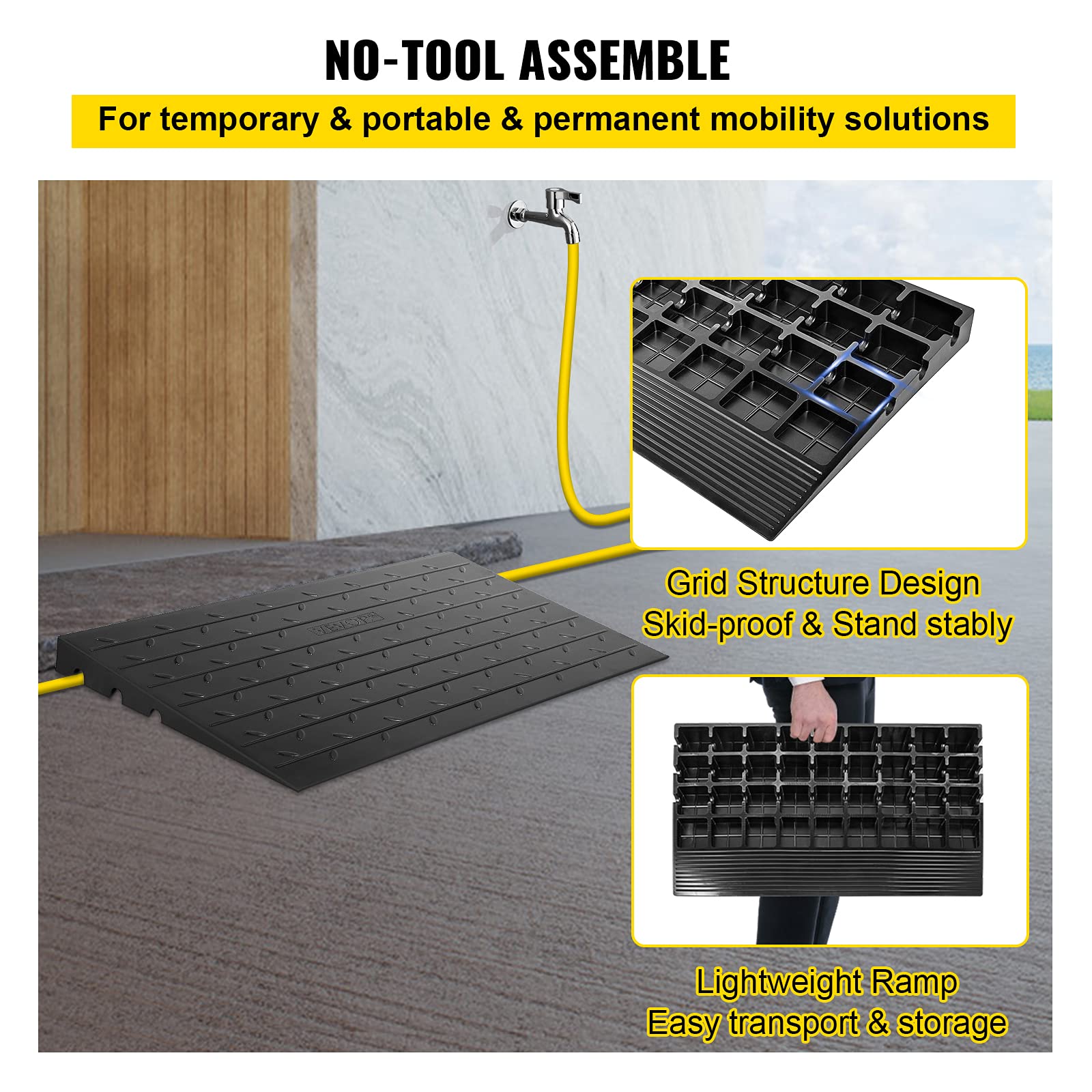 VEVOR , 2.6" Rise threshold ramp Doorway, 3 Channels Cord Cover Rubber Solid, Rubber Angled Entry Rated 2200Lbs Load Capacity for Wheelchair and Scooter