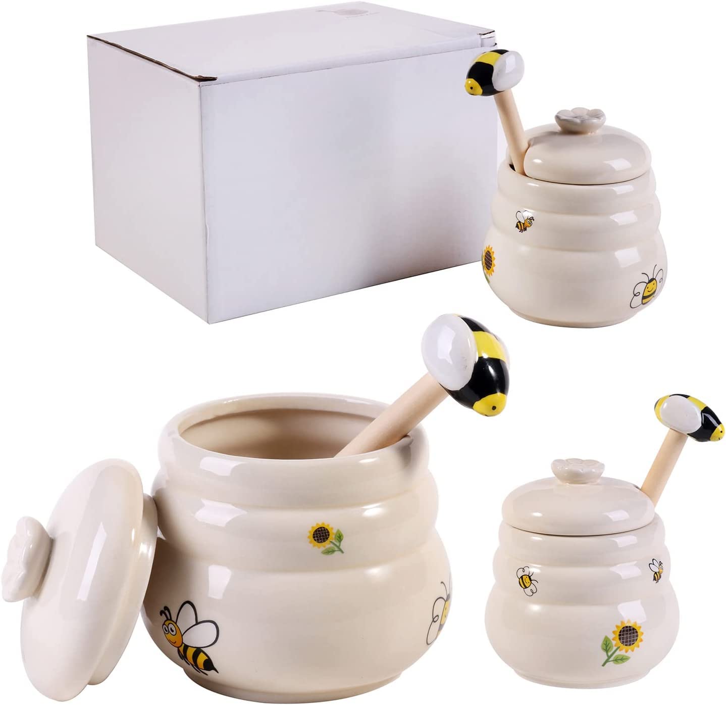 Ceramic Honey Jar with Wooden Honey Dipper-Honey Pot with Dipper- Honey Jar with Stand, Great Bee Decor- Farmhouse Kitchen Decor