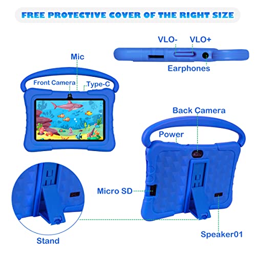 Tablet for Kids, Kids Tablet, 7 Inch Kids Tablets 32GB ROM 3GB RAM Android11 Tablet for Kids 3-14 with 2.4G Wifi, Gms, Eye Protection, Educational, Parental Control, Tablet with Silicone Case blue