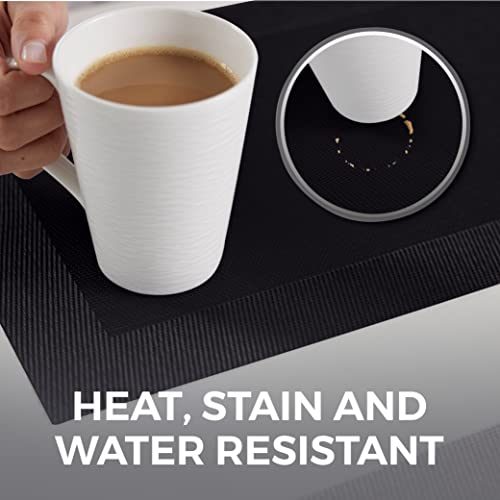 Home Genie Placemat Set of 4 Protect Surface Heat and Stain Resistant Dinner Mats, Wipeable Food Grade Place Mats, Woven Vinyl Plates for Kitchen, Dining Room Table Décor Accessories 18”x12” Black