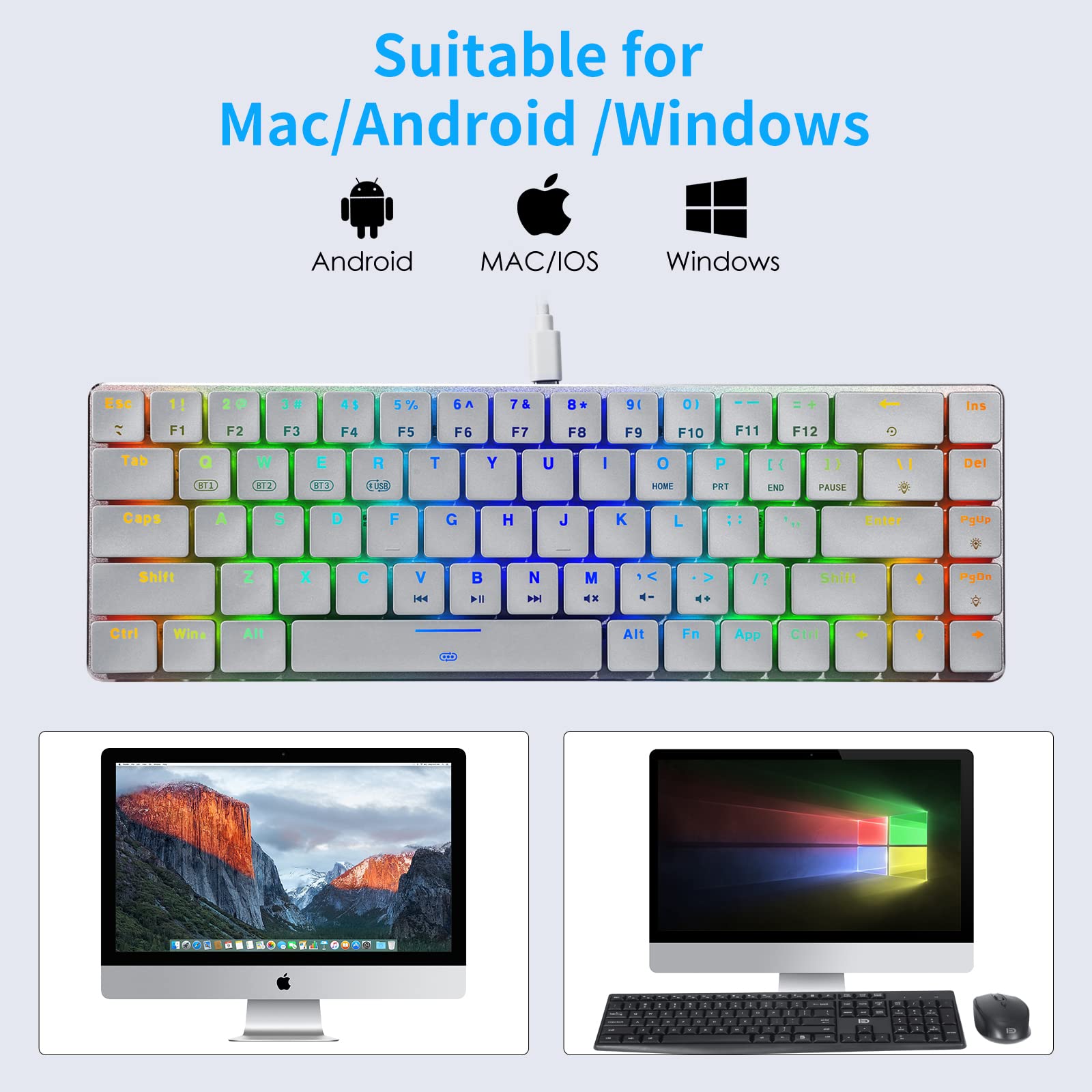 chuangquan CQ009 Mechanical Wireless/Wired Gaming Keyboard Bluetooth 5.0 RGB Backlit Red Switch Compact 69 Keys Compatible with PC,Laptop and Smartphone (Silver)