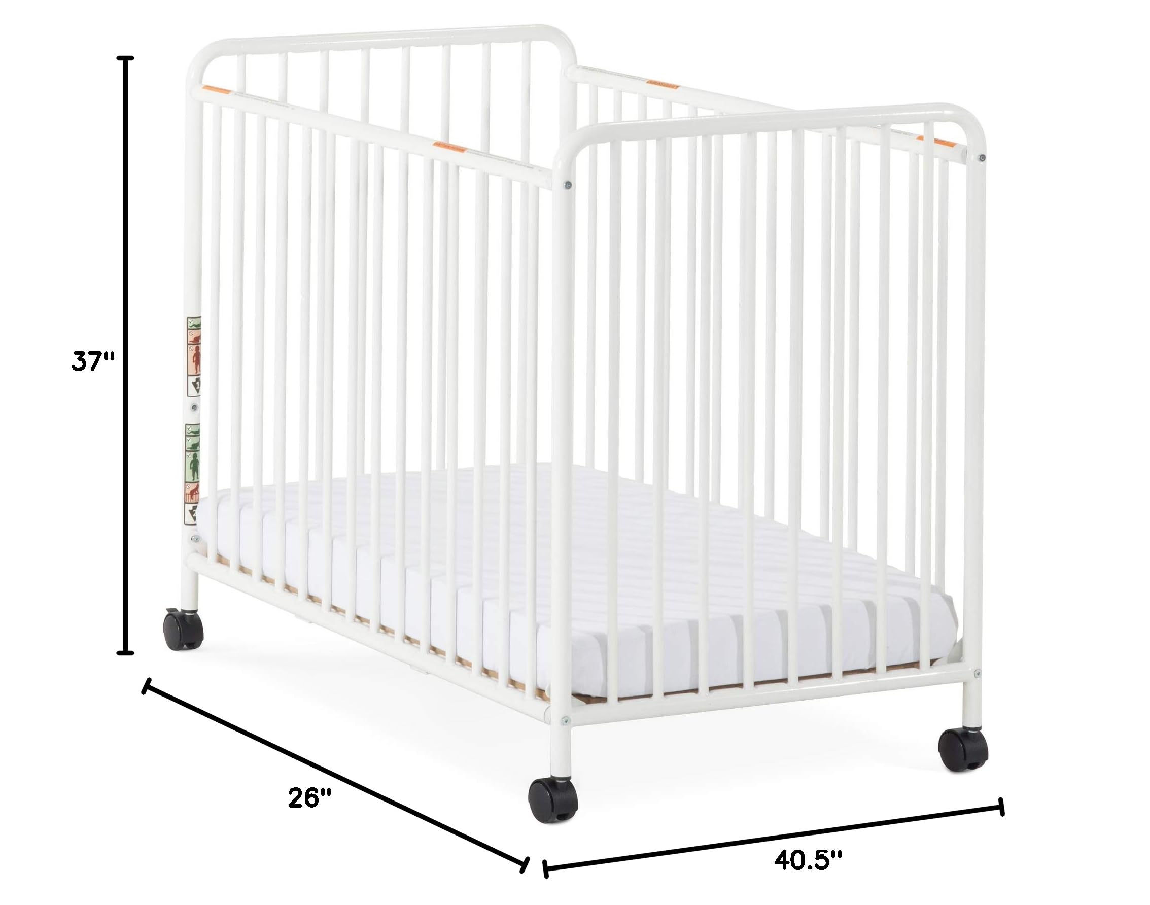 Child Craft Siesta Metal Compact Non-Folding Portable Crib with 2β Crib Mattress and Locking Wheels, Durable Metal Construction, Easy to Clean (White)