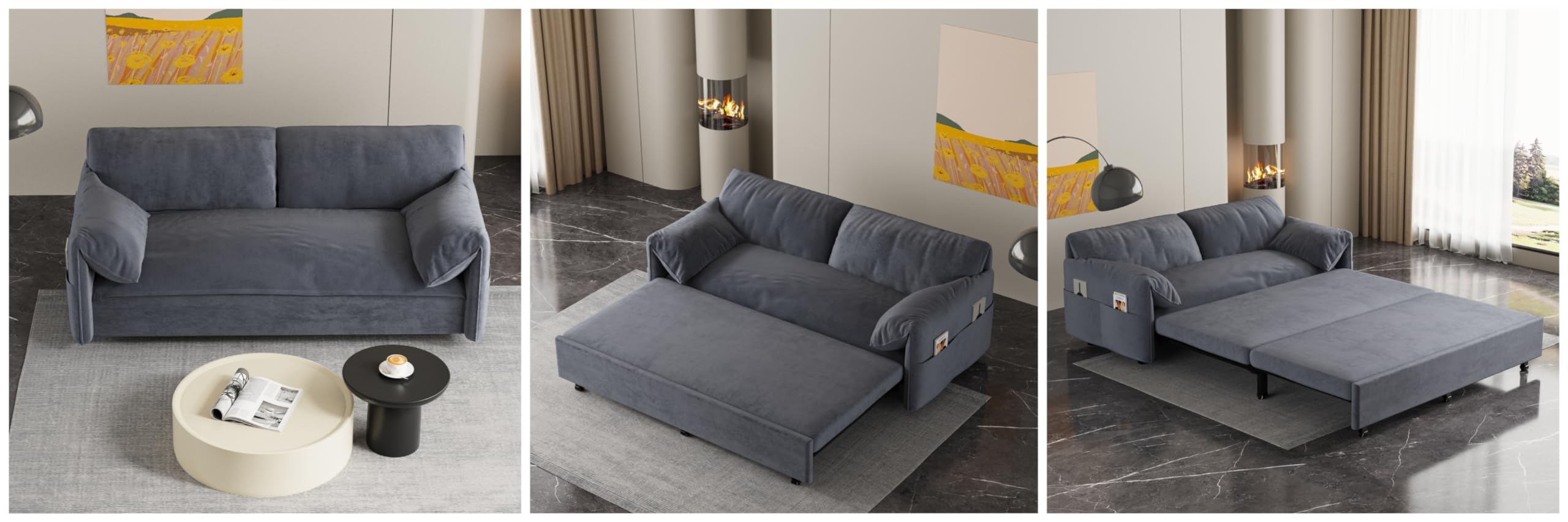 ERYE Oversized 3 in 1 Loveseat Sleeper Sofa Bed,Queen Size Love Seats W/Pull Out Couch and Padded Armrests Convertible Spacious Sofabed with Side Storage Pocket for Home Office Apartment Living Room