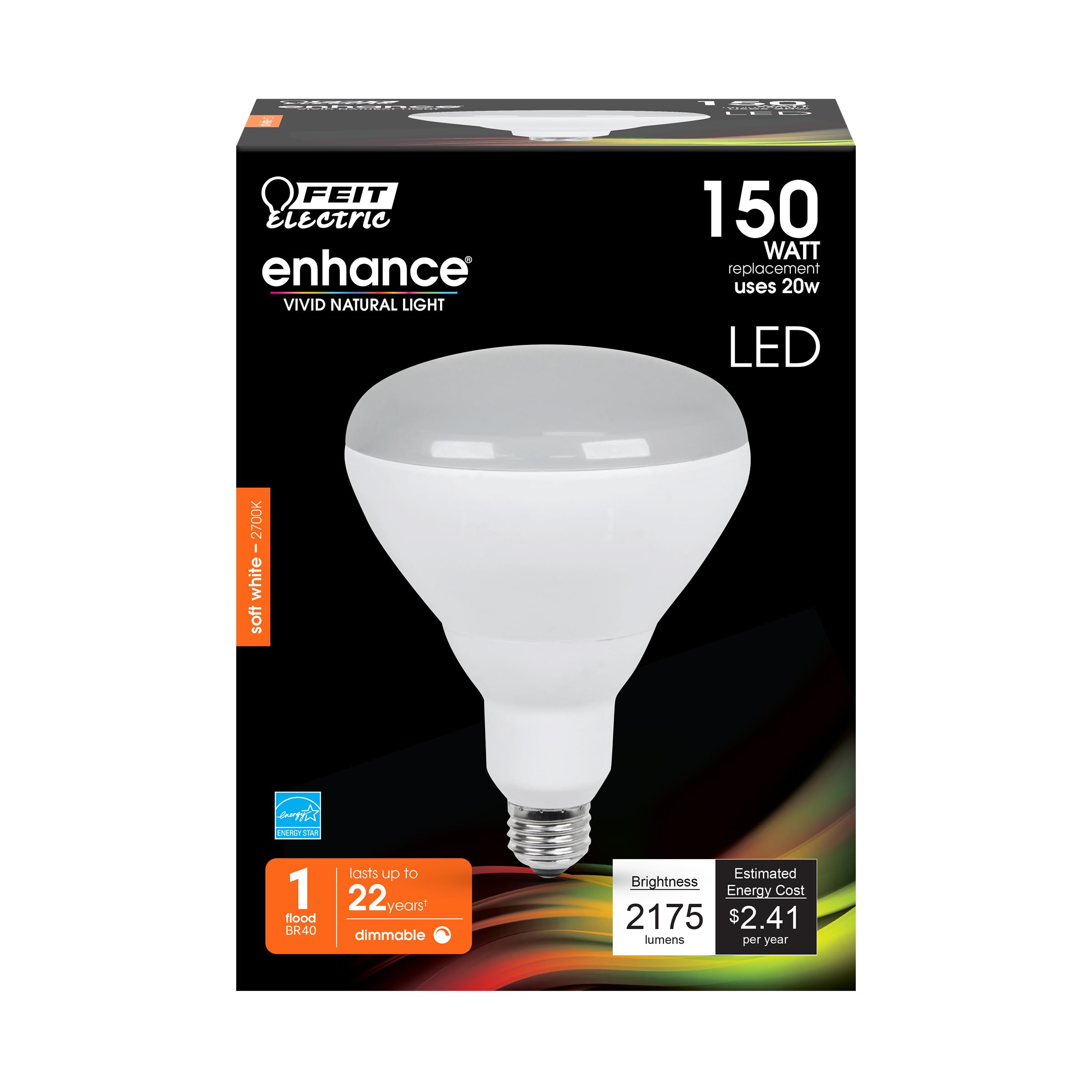 Feit Electric BR40 LED Light Bulb, 150W Equivalent, Dimmable, E26 Base, Reflector Light Bulb, CRI 90, 2175 Lumens, 2700K Soft White, 22-Year Lifetime, BR40DM/2175/927CA