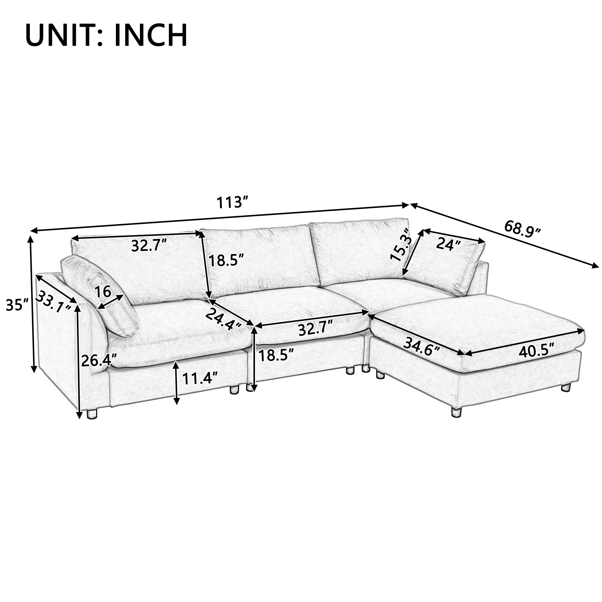 GNIXUU 113" Oversized L Shaped Sectional Sofa Couch, Modern Cloud Sectional Couch Set with Ottoman, Comfy Upholstered Modular Sofa Sleeper for Living Room, Apartment(Beige)