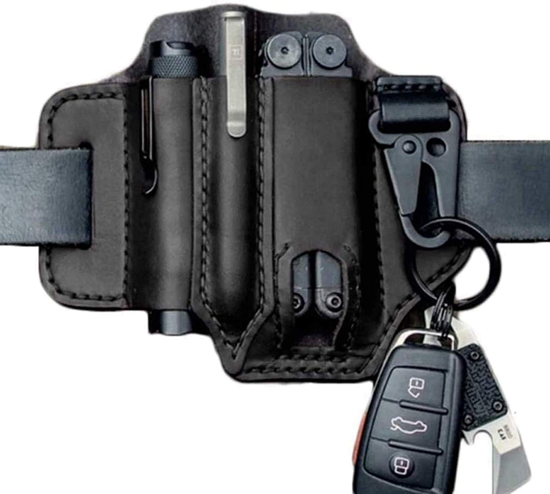 KANGDE Genuine Leather EDC Belt Loop Waist Multitool Sheath, EDC Pocket Organizer Pouch, Handmade 3 Pockets Organizer Sheath for FlashlightsTactical pensTools, Black