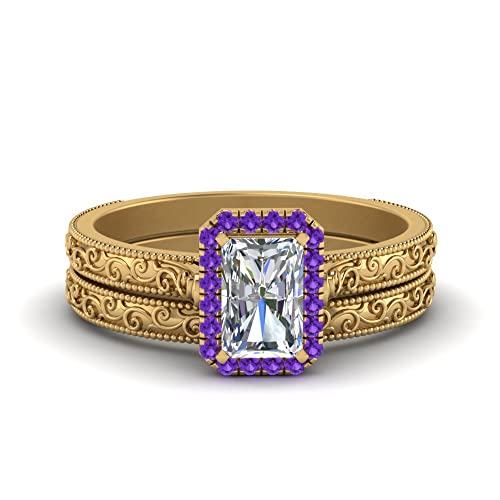 CaratYogi Hand Engraved Halo Radiant Cut Wedding Ring Set Yellow Gold Plated Created Pink Sapphire Radiant Shape Pink Color Wedding Ring Sets Prong Setting in Size 8 Birthstone