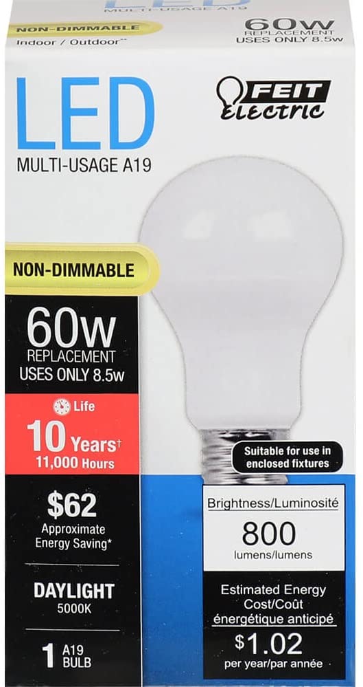 Feit Electric LED Light Bulbs, A19 60W Equivalent, Non-Dimmable, 800 Lumens, A19 LED Light Bulbs, E26 Base, 5000k Daylight, A19 LED Bulbs, 10 Year Lifetime, 1 Pack, A800/850/10KLED