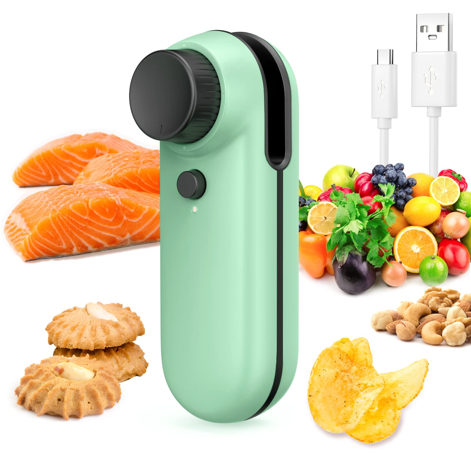 Cheweetty Mini Bag Sealer, Handheld Heat Sealer, Upgraded 2 IN 1 Heat Sealer & Cutter USB Rechargeable, Portable Resealer Machine Kitchen Gadget for Plastic Bag Chip Bag Food Snack Storage(Green)