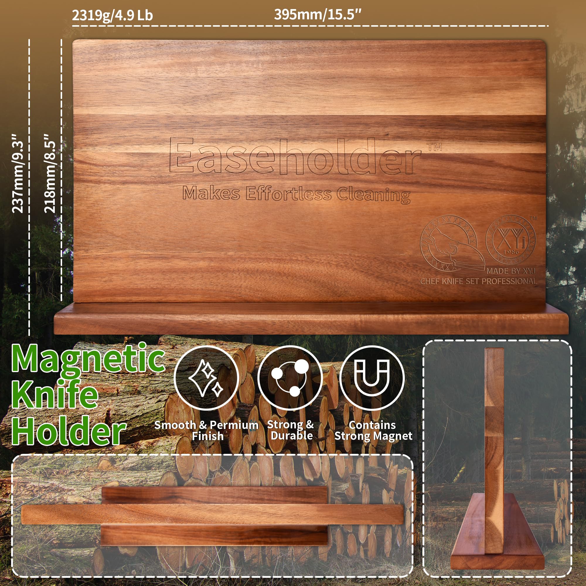 Easeholder Magnetic Knife Block Natural Wooden Double Side Knife Holder Stand with Strong Enhanced Magnets Mutifunctional Kitchen Cutlery Organization Storage Rack
