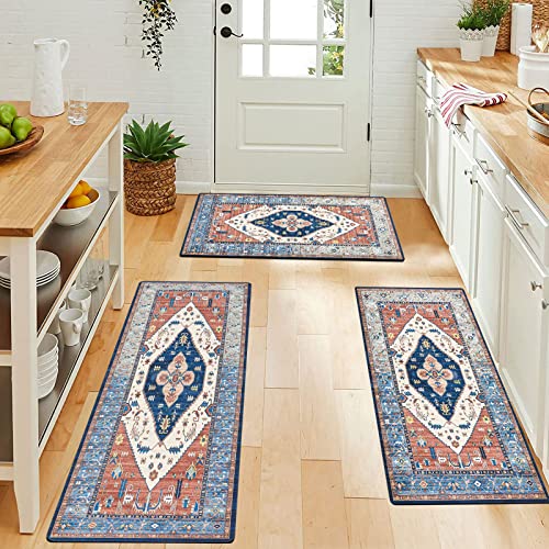 Pauwer Boho Kitchen Rugs Sets of 3 Farmhouse Kitchen Runner Rugs and Mats Non Skid Washable Kitchen Mats for Floor Cushioned Waterproof Kitchen Floor Mat Laundry Room Area Rug Runner Carpet