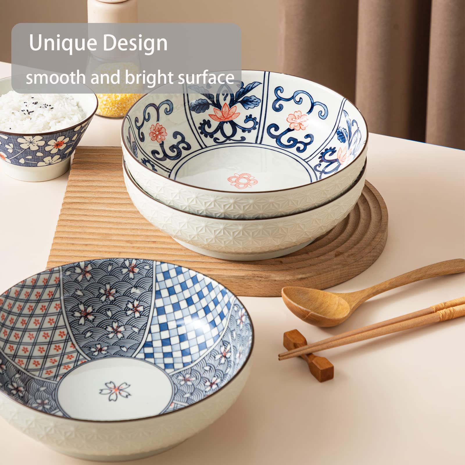 Ceramic Pasta Bowls,9.25 inch Large Salad Bowls,deep 2.76inch,72oz,Set of 3,Microwave and Oven Safe,Dishwarebowls for Serving Dinner, Salad, Soup, Oatmeal, Mix-Match Pattern, Gift