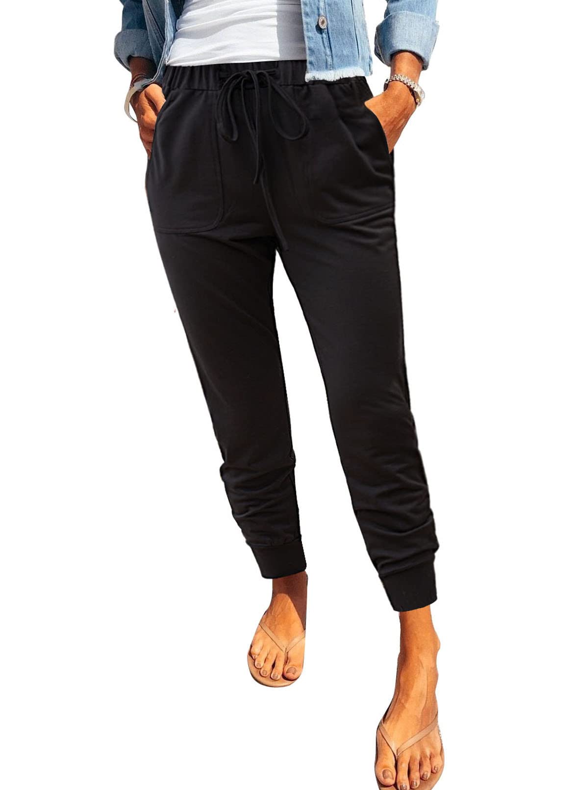 BLENCOT Women's Casual Drawstring Elastic Waist Joggers Pants Solid Color Sports Lounge Trousers with Pockets Black M