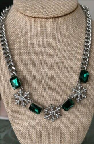 Betsey Johnson Silvertone Snowflake & Emerald Green Crystal Collar Necklace Valentine's Day Gift Idea Love Birthday Present XMAS Gifts Mother's Day Gitfs Easter