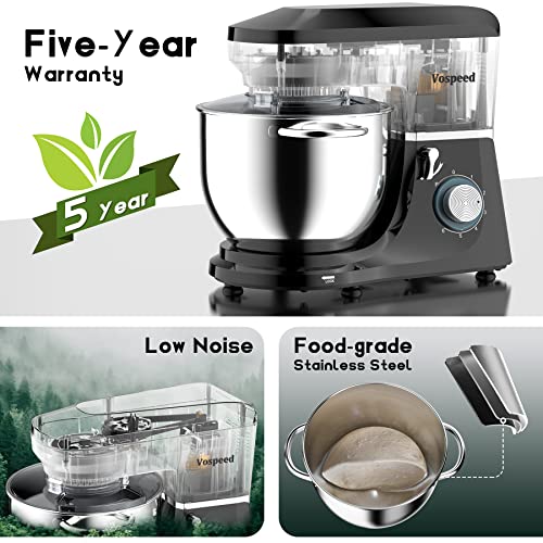 Vospeed Stand Mixer, 7 QT 660W 6+P Speed Tilt-Head Kitchen Mixer, with Stainless Steel Mixing Bowl, Beater, Dough Hook, Whisk, for Household (Black)