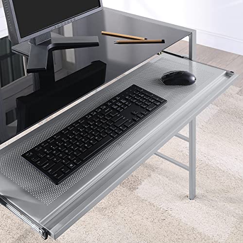 OSP Home Furnishings Zephyr Computer Desk with Keyboard Shelf and Tempered Glass Top, Black Glass and Silver Frame
