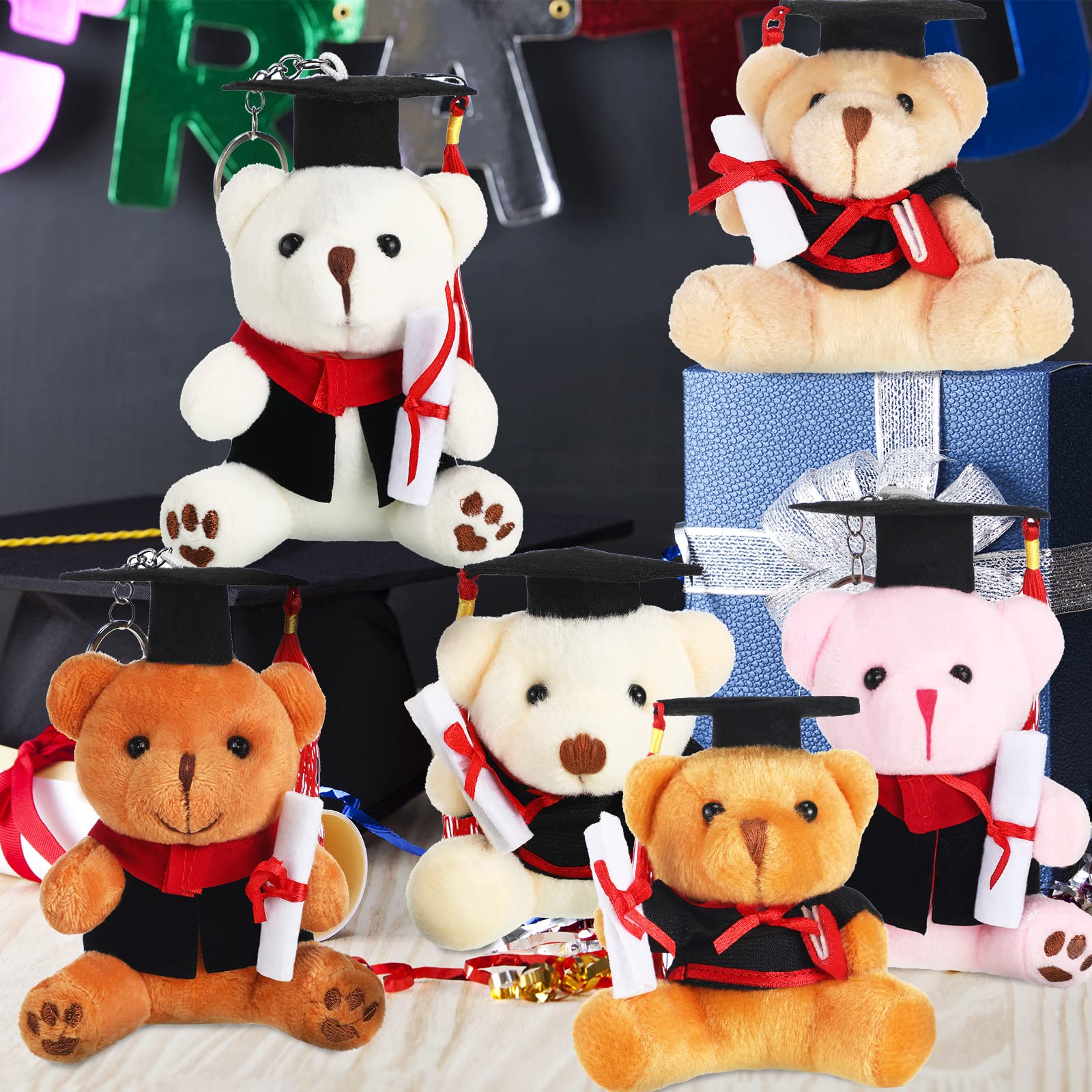 Skylety 6 Pieces Plush Graduation Bears Kindergarten Graduation Stuffed Animal Graduation Bear Graduation Plush Toy with Black Cap and Keychain for Preschool Elementary High School College Graduation