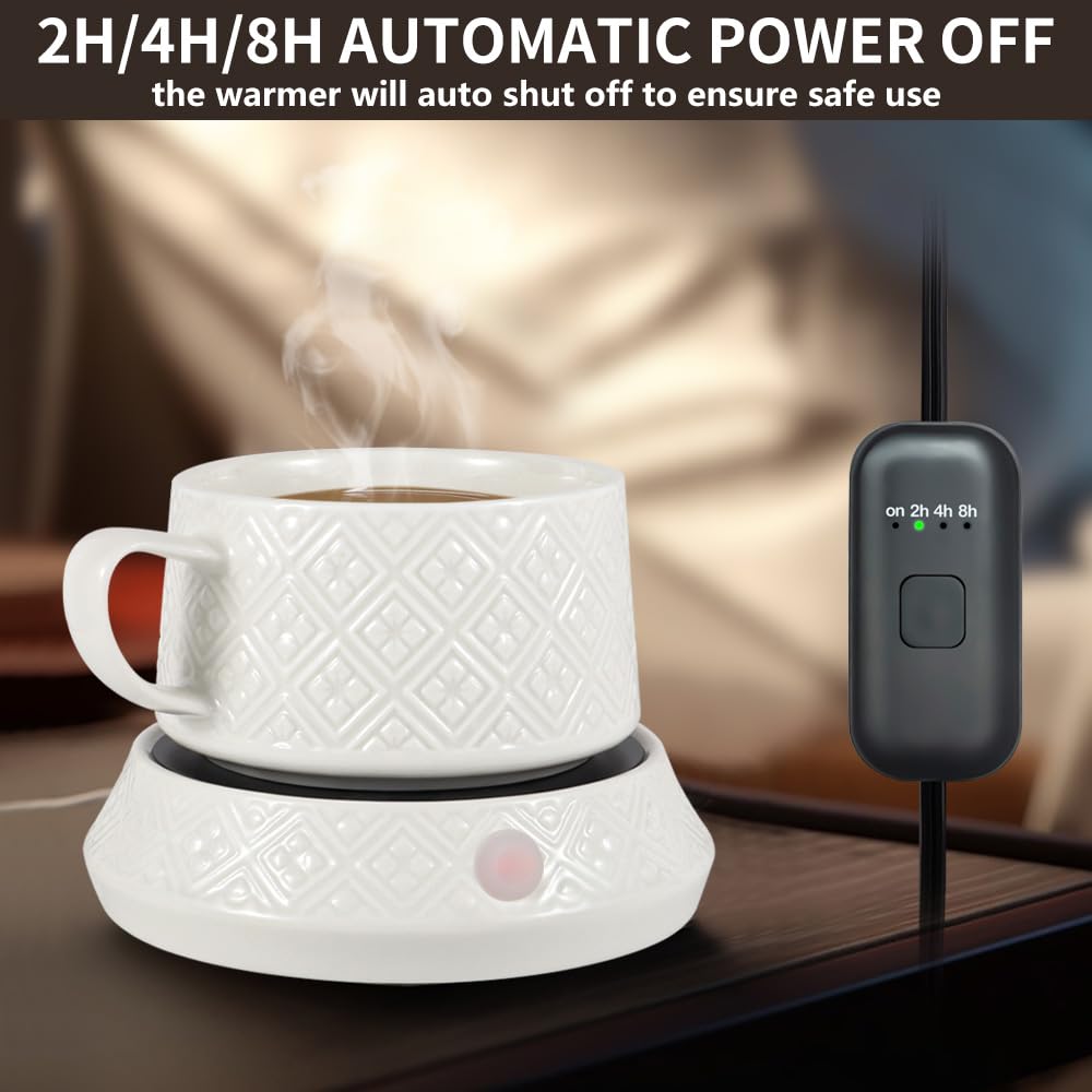 Ceramic Coffee Mug Warmer Set, Electric Candle Wax Warmer, Coffee Warmer for Desk, 3 Timed Thermos Setting for Heating Coffee, Beverage, Milk, Tea and Hot Chocolate-Birthday Gifts(with Cup)