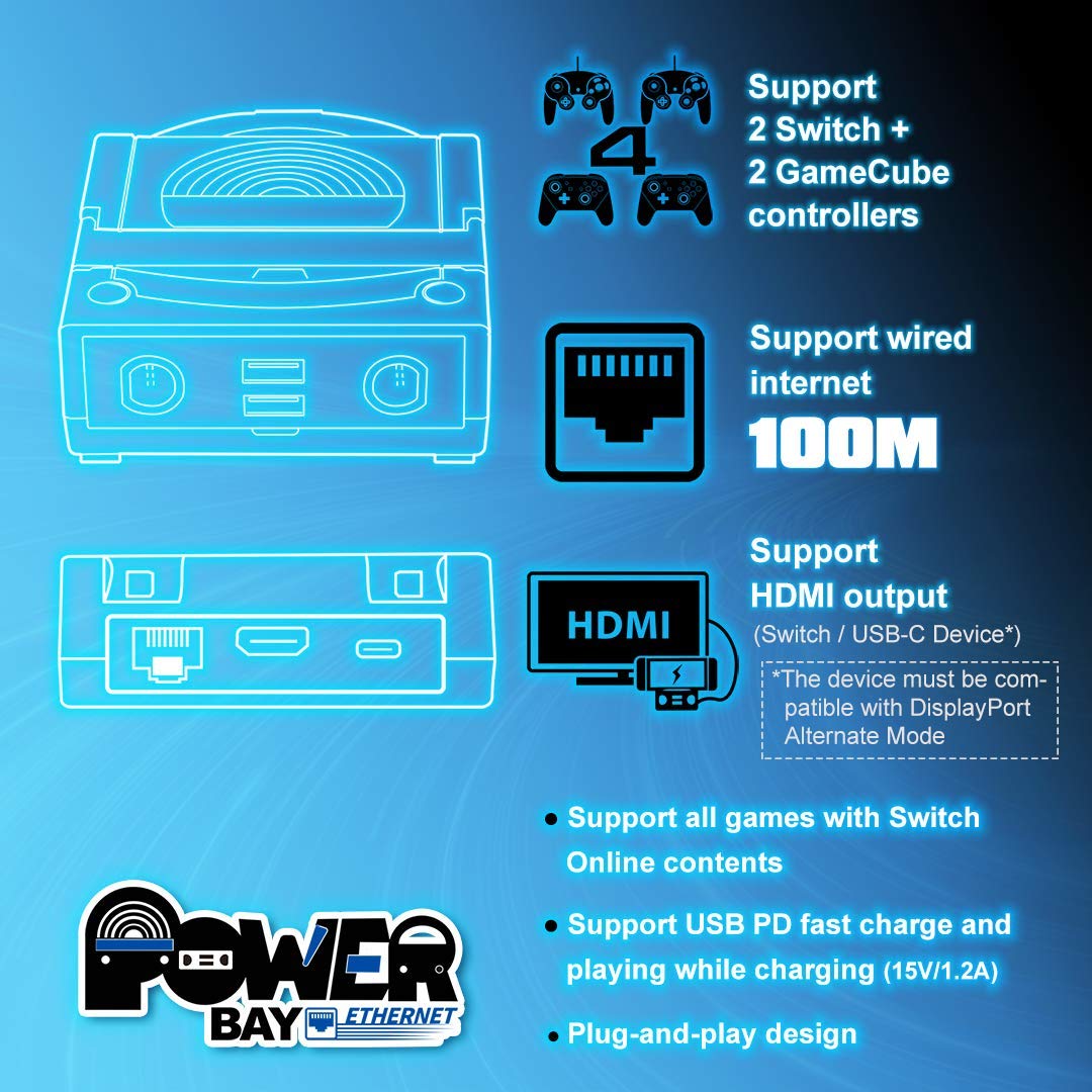 Brook Power Bay Ethernet - Portable, Fast Charging, Dock Stand, Docking Station for Nintendo Switch, Built-in Ethernet Port and GameCube Controller inputs, Supports HDMI Output, Stable Network Connect