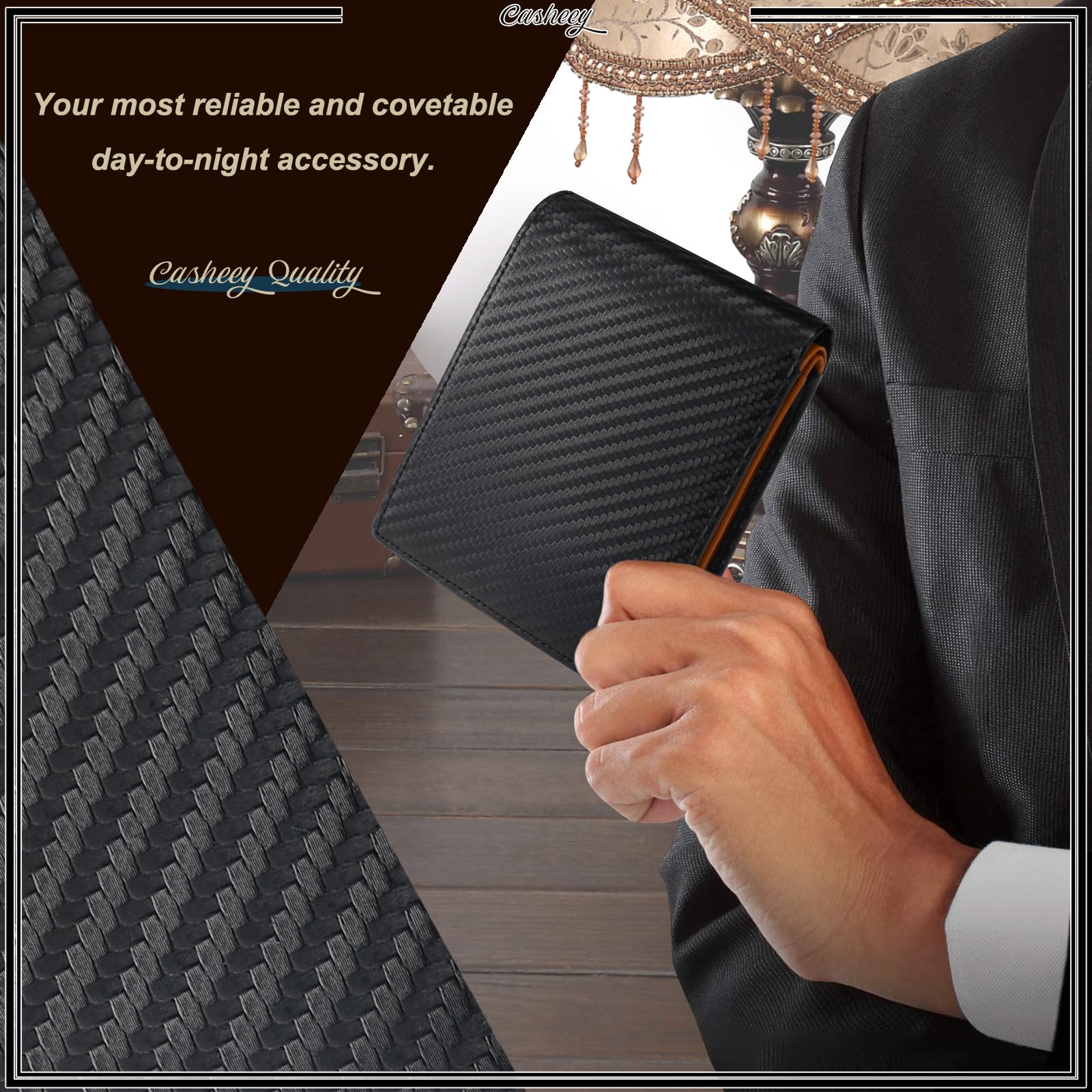Casheey Men's Wallet with Coin Pocket, Foldable Box Design, Holds 14-16 Cards, Carbon Fiber Leather, RFID Protection, Large Capacity Bifold Wallet for Men, Exquisite Packaging