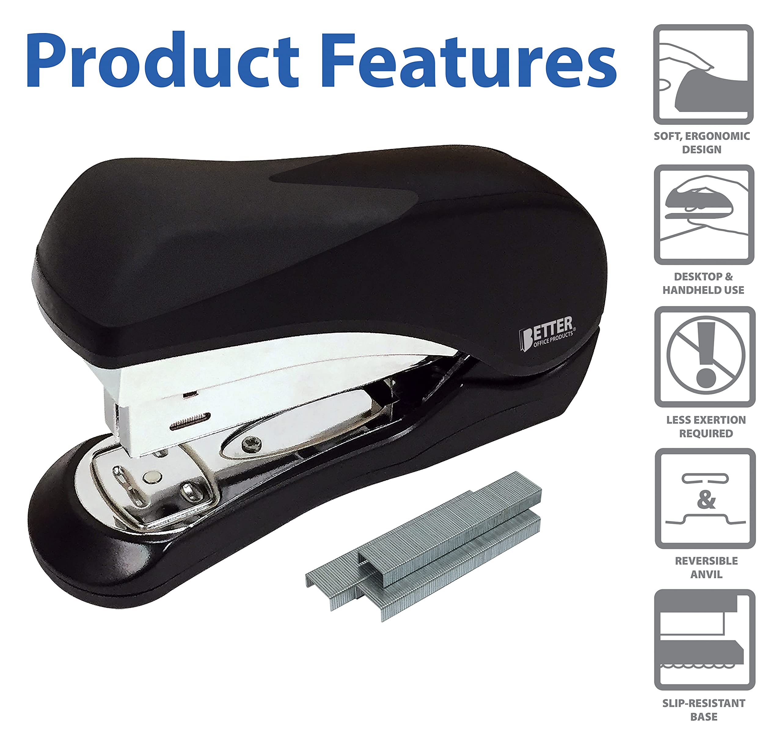 Better Office Products Heavy Duty Easy Grip Stapler, Effortless, with 1,000 Regular 1/4" Staples, High Capacity Compact Palm of Your Hand Size, Ergonomic Soft Grip