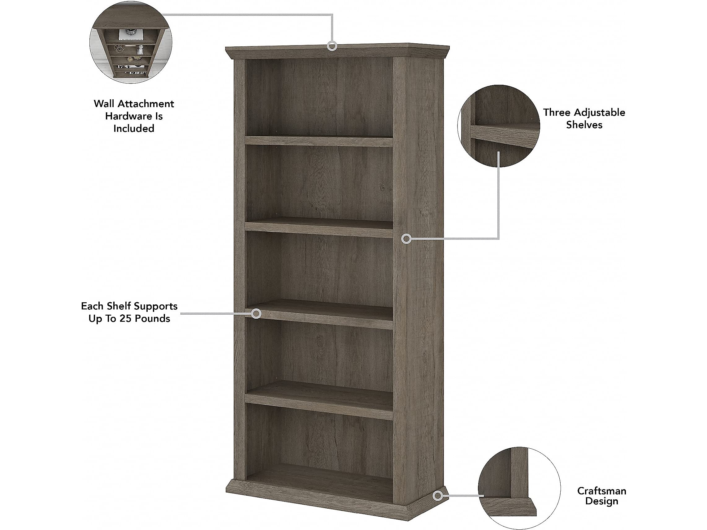 Bush Furniture Yorktown L Shaped Desk with Hutch, Lateral File Cabinet and 5 Shelf Bookcase, 60W, Restored Gray