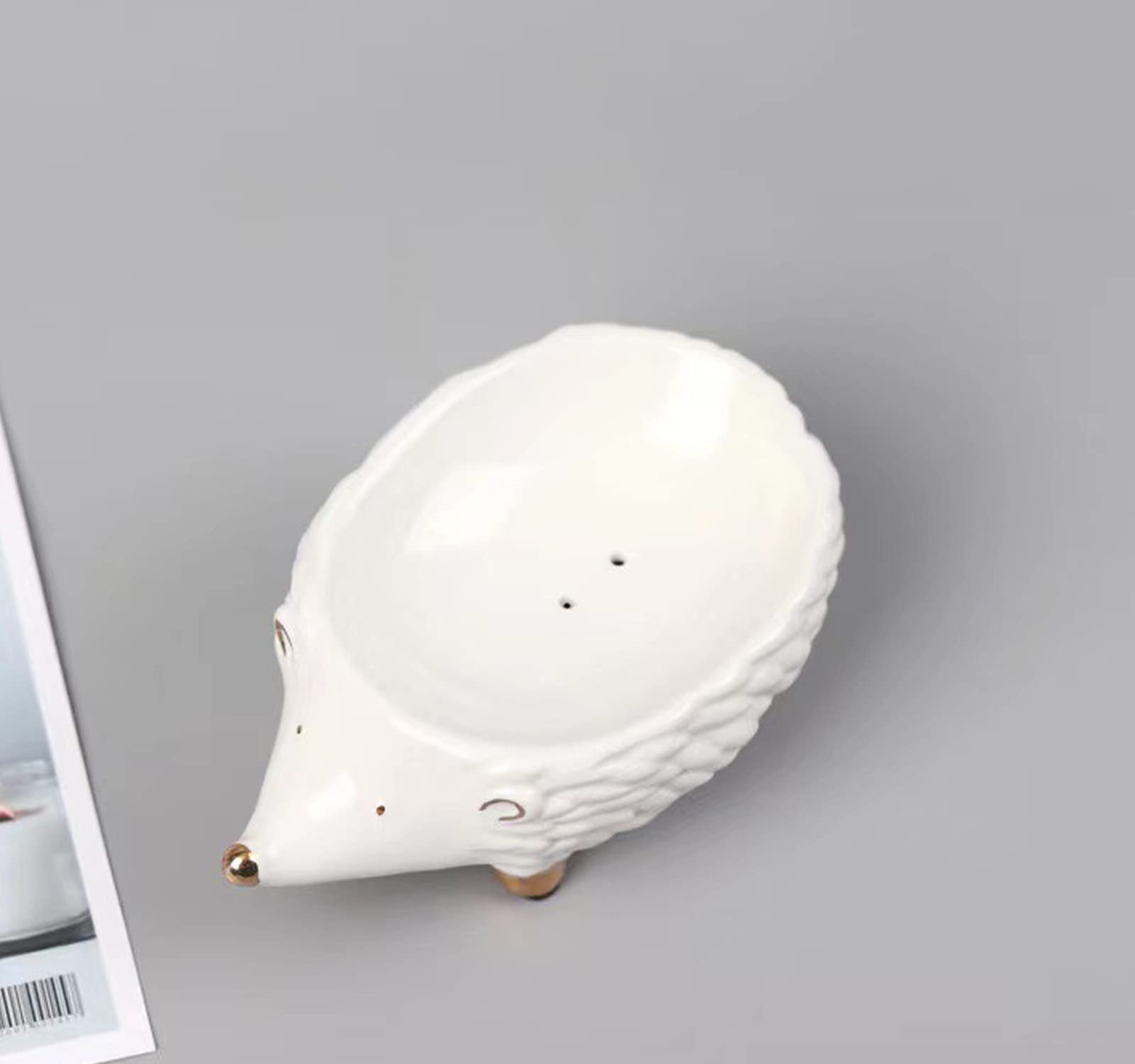 Ceramic Soap Dish with Drain, Hedgehog Toilet Soap Box, Ceramic Jewelry Tray, Funny Soap Storage Container for Shower Bathroom Kitchen Bathtub,White