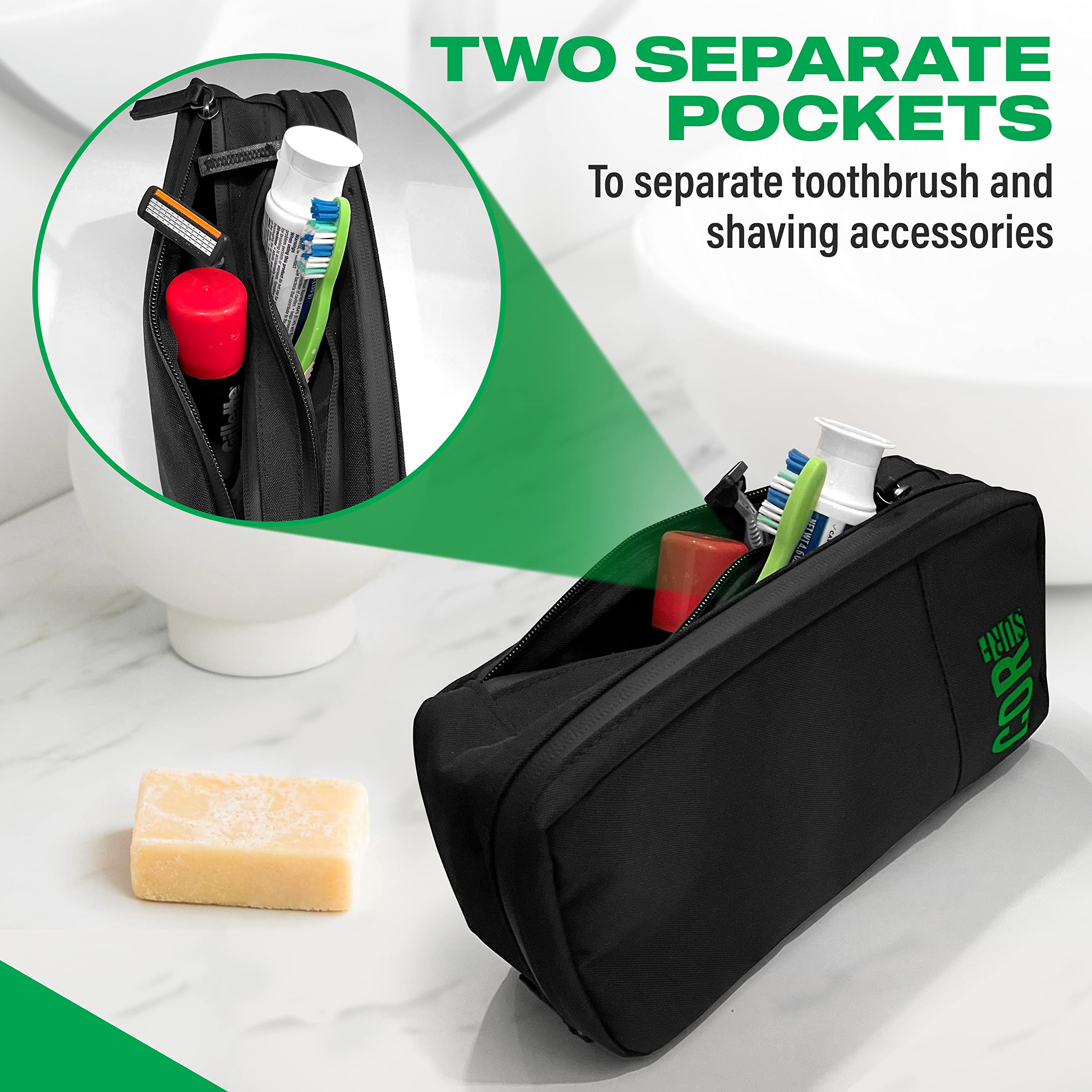 COR Surf Compact Toiletry Travel Bag Hanging, Premium Mens and Women Dopp Kit for Travel | Waterproof with 4 Separate Compartments and Waterproof Zippers (Black)