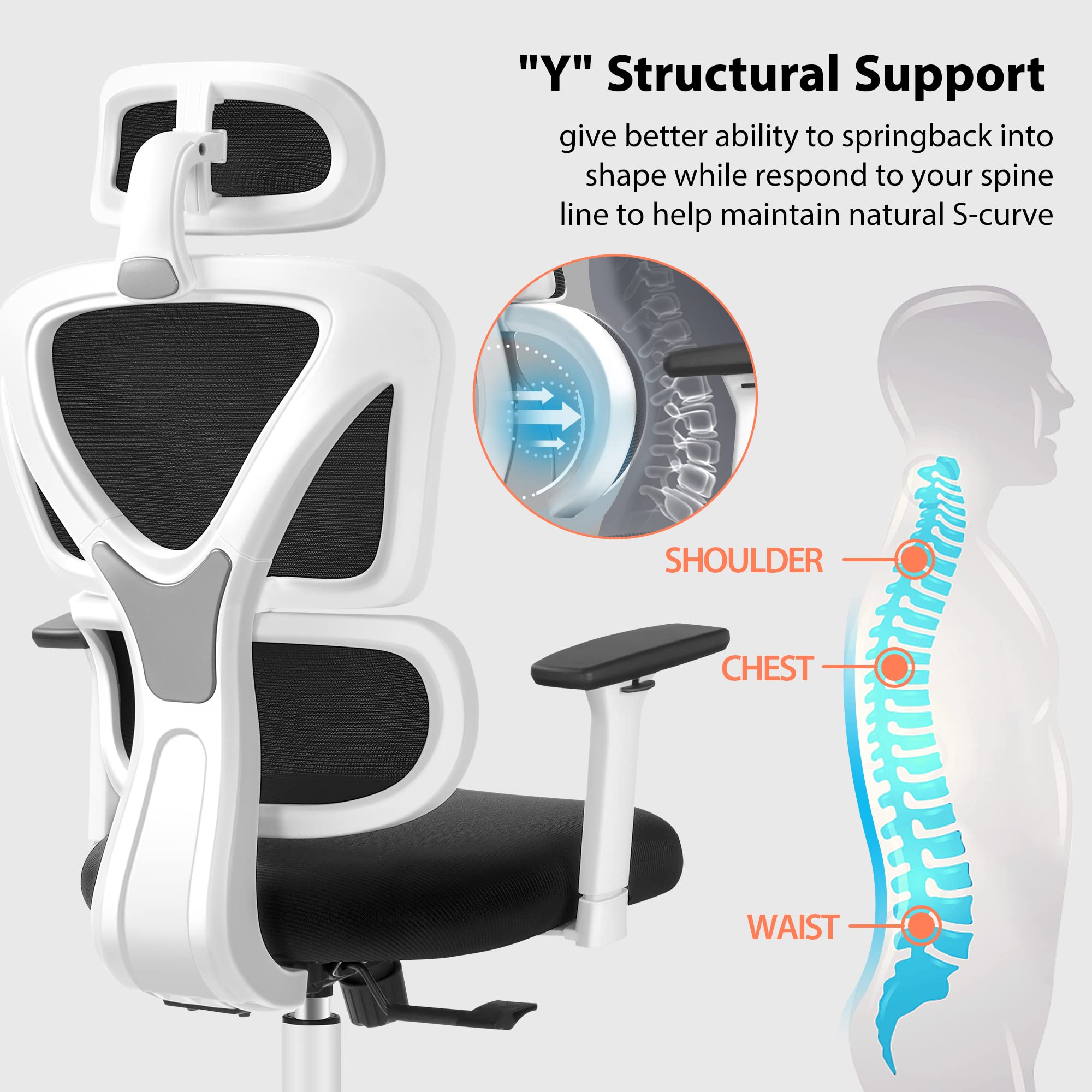 FelixKing Office Chair, Ergonomic Desk Chair with Lumbar Support, High Back Mesh Gaming Chair with Adjustable Headrest and Armrests for Conference Room White