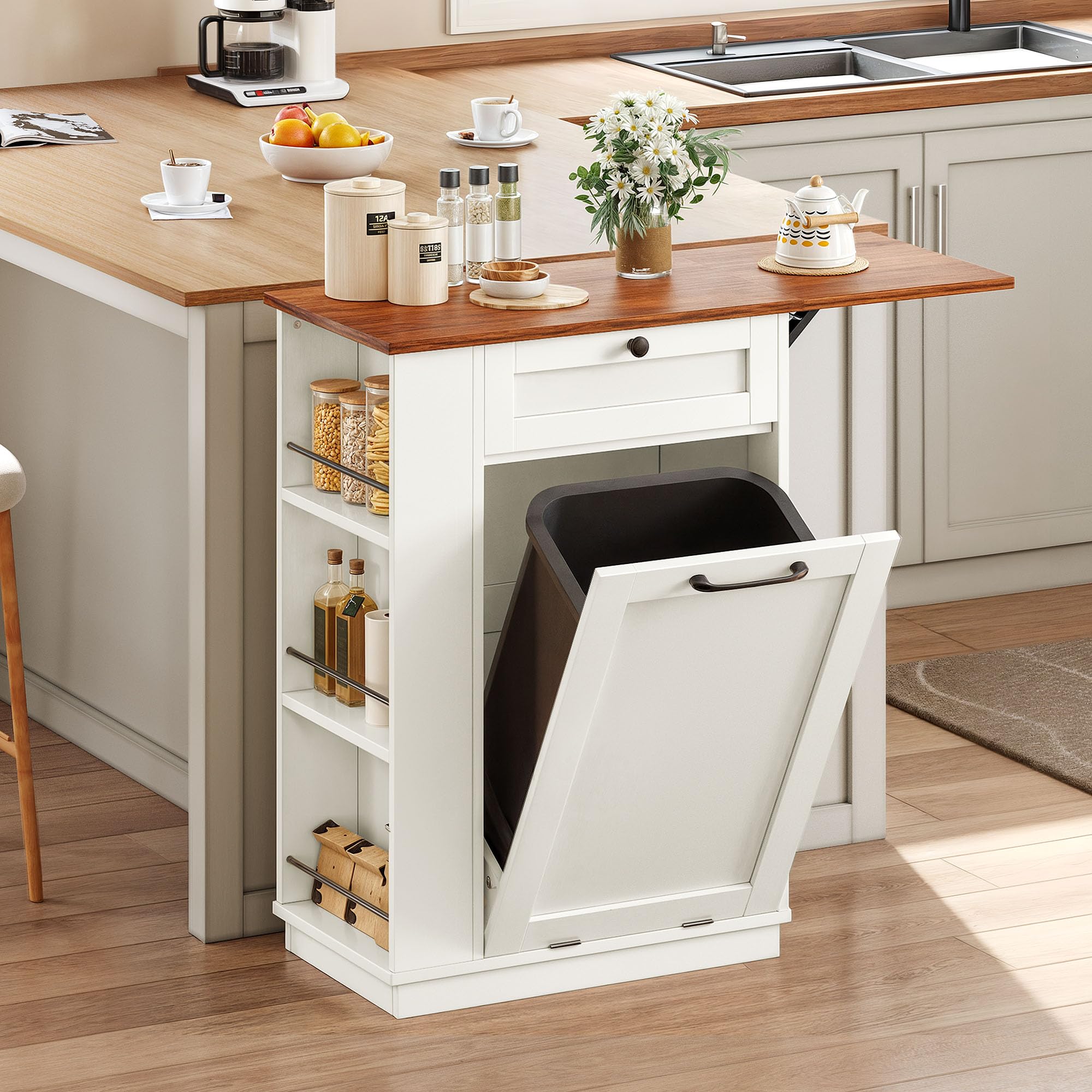 DWVO Trash Can Cabinet with Storage Cabinet & Drop Leaf, Tilt Out Trash Cabinet Hidden Garbage Bin Cabinet Freestanding Wooden Trash Bin Cabinet w/Drawer, Off White