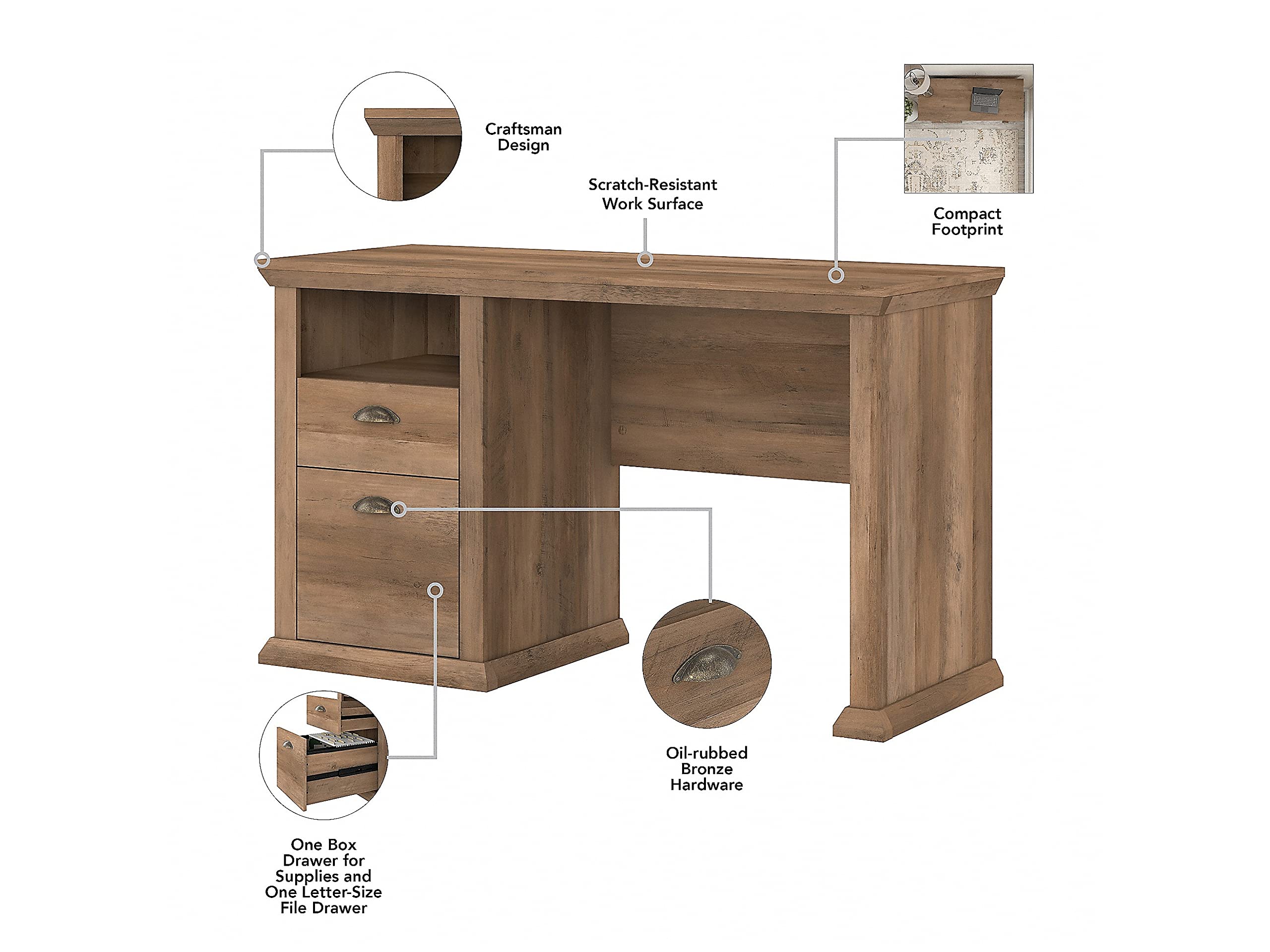 Bush Furniture Yorktown Home Office Desk with 5 Shelf Bookcase, 50W, Reclaimed Pine