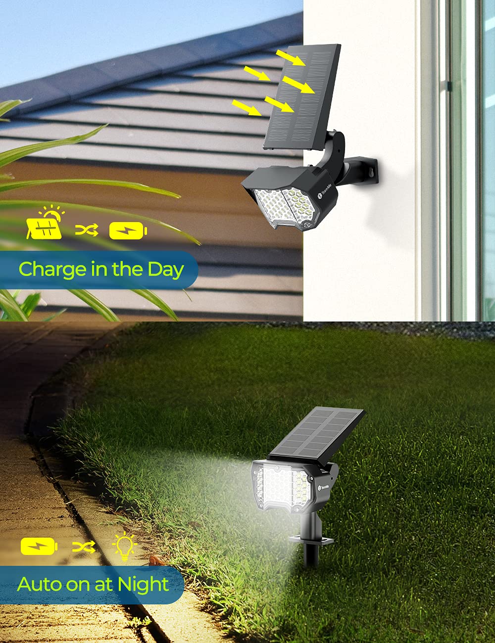 TeamMe 35 LEDs Solar Outdoor Lights, 2-in-1 Upgraded Solar Powered Landscape Spot Lights, Auto On/Off Wall Light for Garden Yard Driveway Pool, IP67 Waterproof Solar Flood Spotlights, 2 Packs