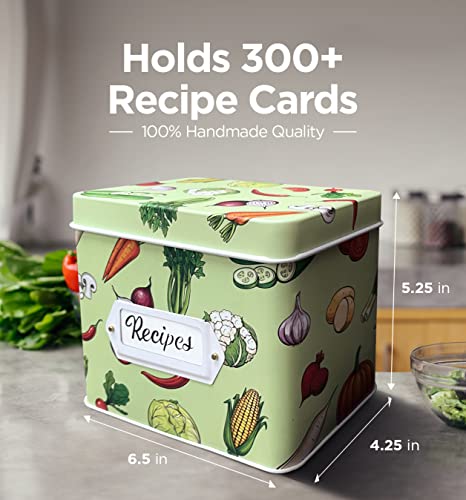 Complete Kitchen Recipe Box Set with 36 Cards, 12 Dividers & Wooden Card Holder | Recipe Card Organizer, Decorative Metal Recipe Tin Set for 4x6 Cards