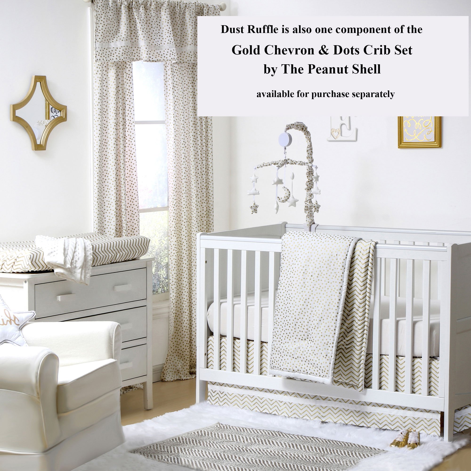 The Peanutshell Gold Chevron Tailored Crib Dust Ruffle with White Stripe