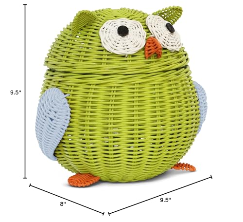 G6 COLLECTION Owl Rattan Storage Basket With Lid Decorative Bin Home Decor Hand Woven Shelf Organizer Cute Handmade Handcrafted Nursery Gift Animal Decoration Artwork Wicker Hoot Owl (Large, Green)