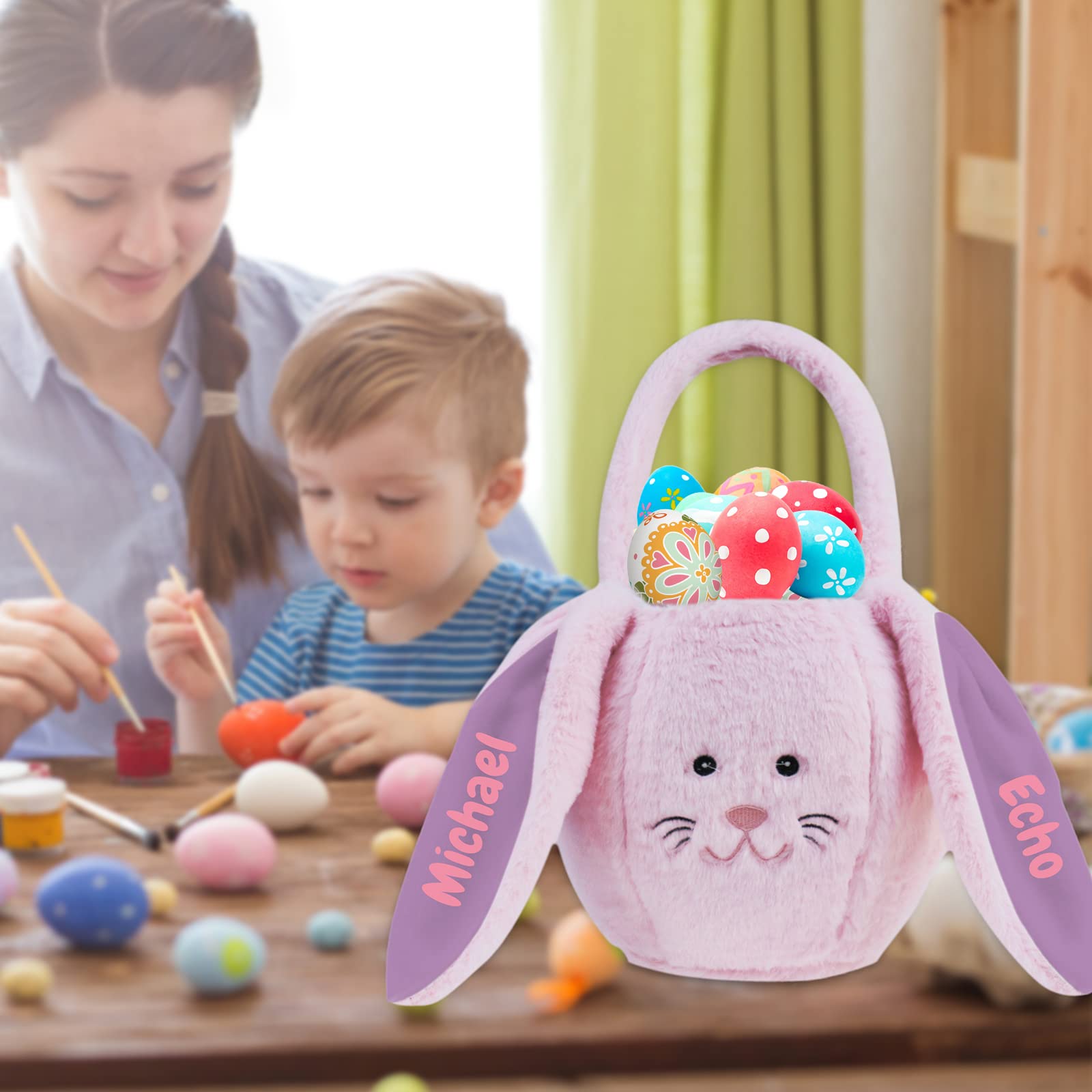 Easter Bunny Basket Egg Bags for Kids Personalized Furry Critter Easter Basket for Kids with Name Toy Storage Basket-Brown Bunny