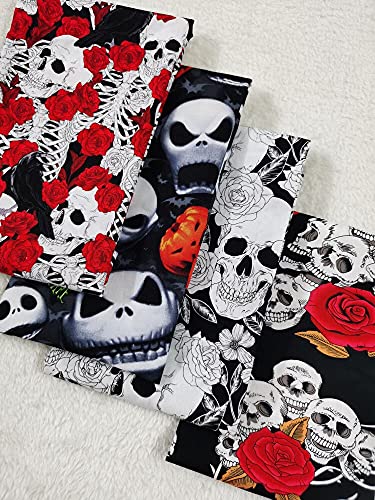 PUMCRAFT Sewing Fabric 4pcs 30 X 25cm Rose Skeleton Skull Cotton Fabric Floral Ghost Halloween Sewing Clothing Tissue Telas Textile Patchwork Bundle DIY - 30cm X 25cm Fabric Patchwork Craft